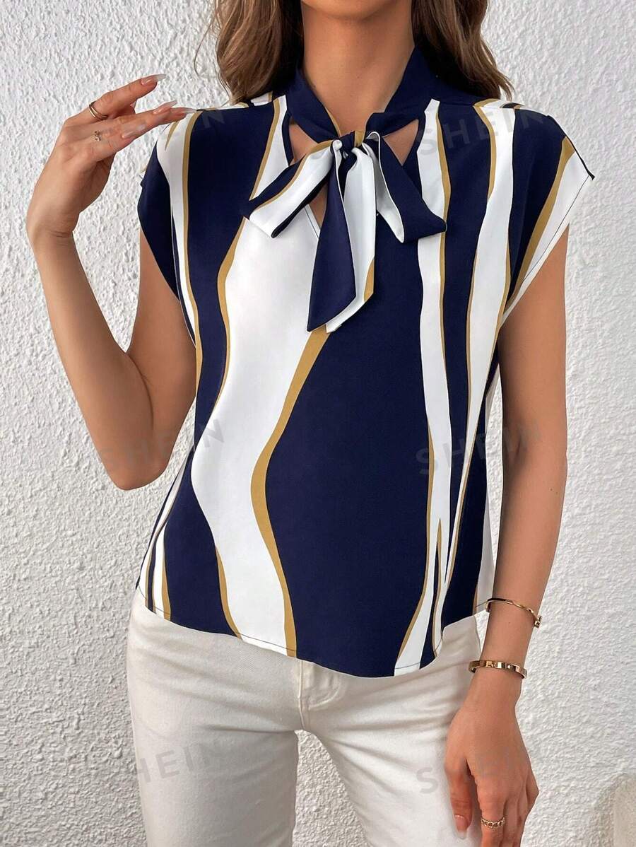 SHEIN Privé Work Women Shirts Colorblock Tie Neck Batwing Sleeve Blouse ...