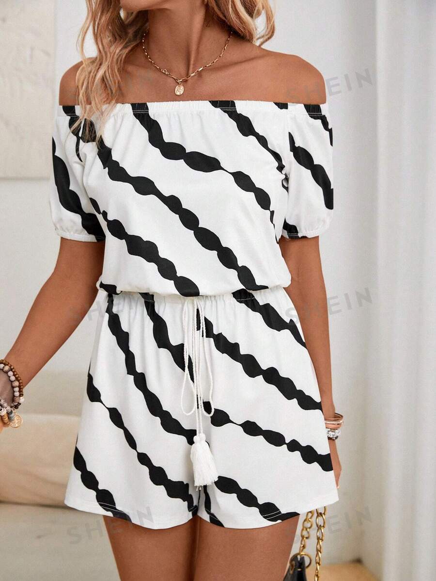 SHEIN LUNE Women Off-Shoulder Striped Romper With Simple Fashionable ...