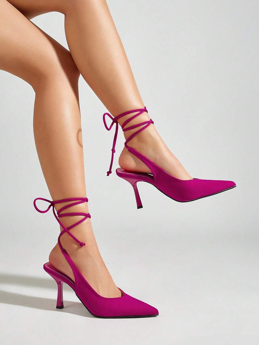 Women Tie Leg Design Point Toe Stiletto Heeled Pumps, Funky Pink Lycra ...