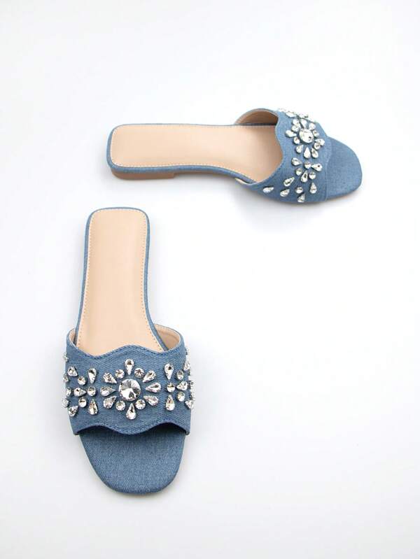 Women Rhinestone Decor Flat Sandals, Glamorous Blue Denim Slide Sandals ...