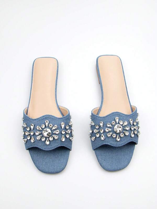 Women Rhinestone Decor Flat Sandals, Glamorous Blue Denim Slide Sandals ...