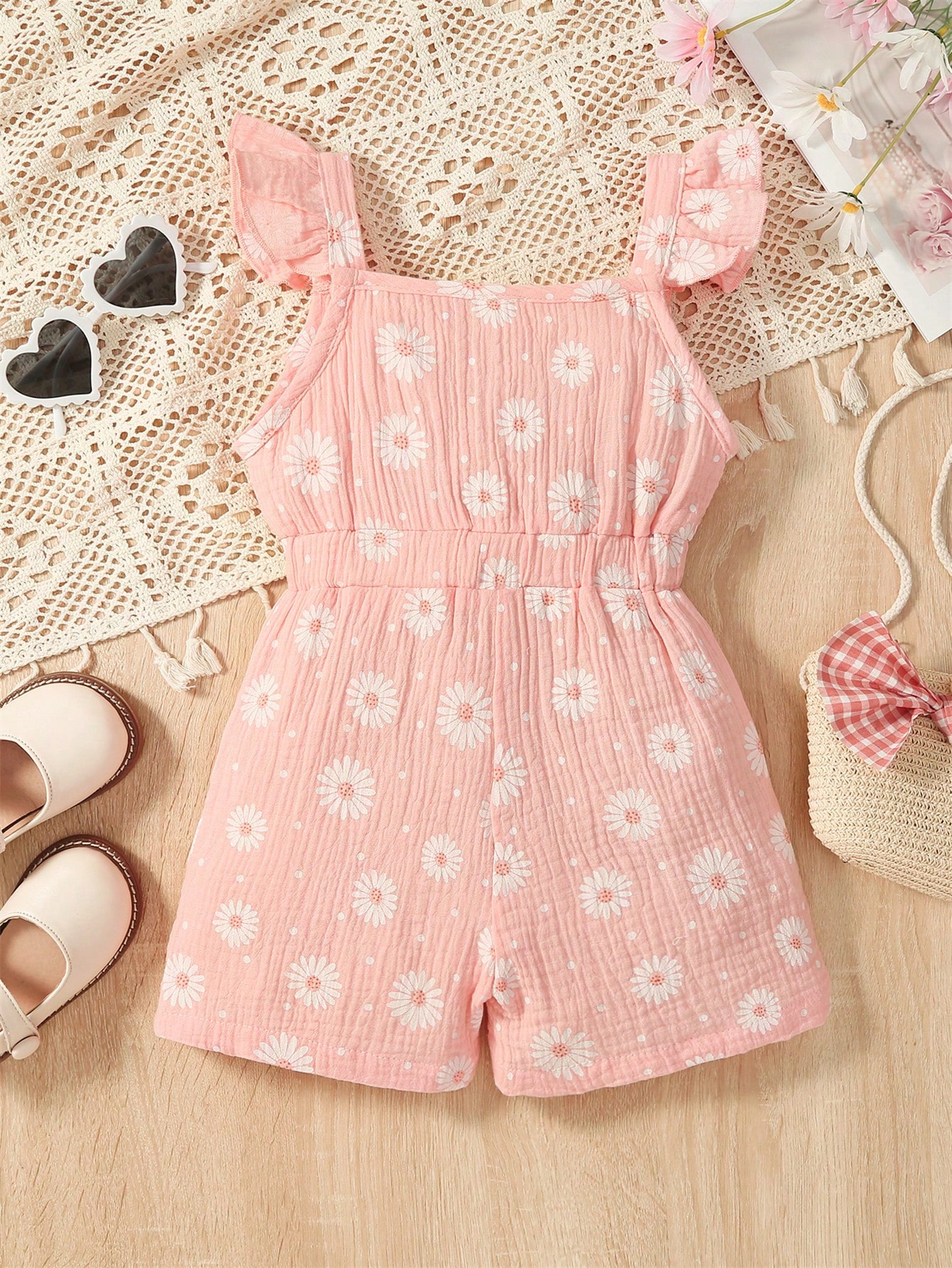 Toddler Girls Floral Print Ruffle Trim Bow Front Romper | SHEIN UK