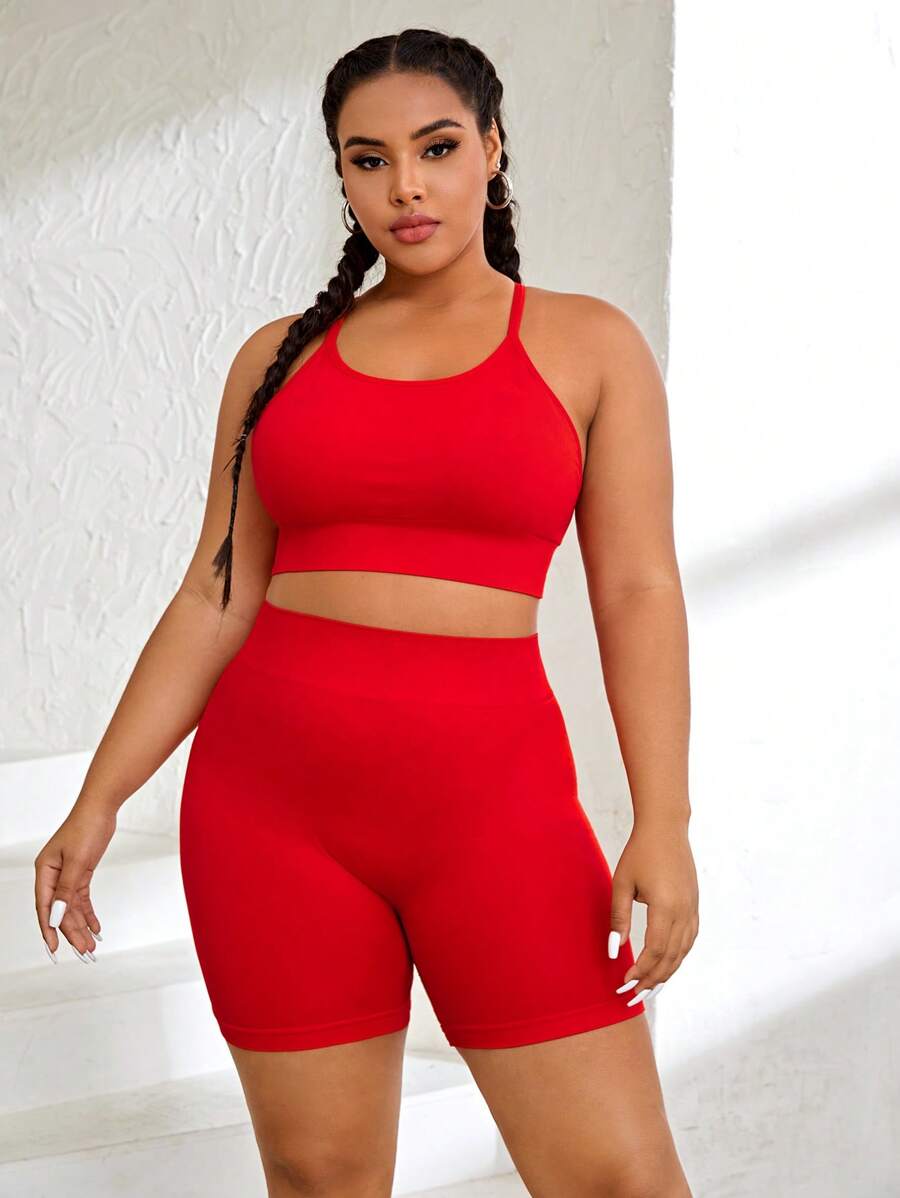 Yoga Basic Plus Solid Scoop Neck Sports Set | SHEIN USA