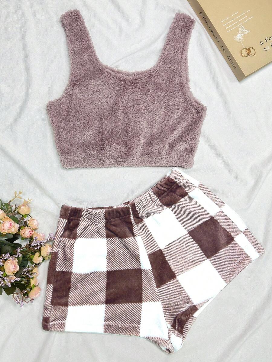 Buffalo Plaid Flannel Tank Top & Shorts Lounge Set, Fall Winter Clothes ...