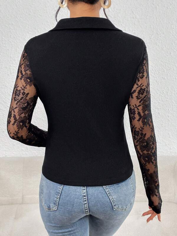 Shein Privé Contrast Lace Flap Detail Button Front Top Shein Usa