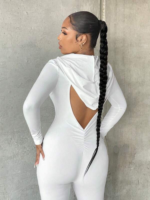 Shein Sxy Solid Criss Cross Backless Hooded Unitard Jumpsuit Shein