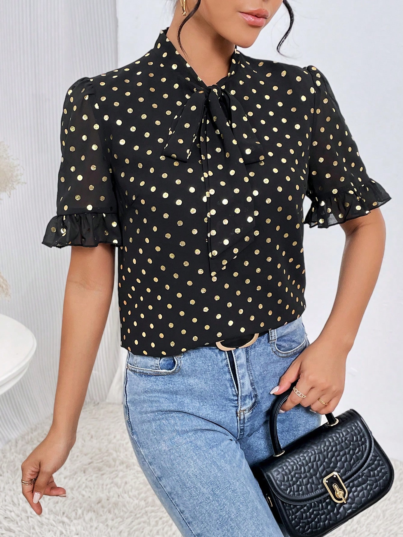 Shein Privé Polka Dot Print Tie Neck Flounce Sleeve Blouse Shein Usa