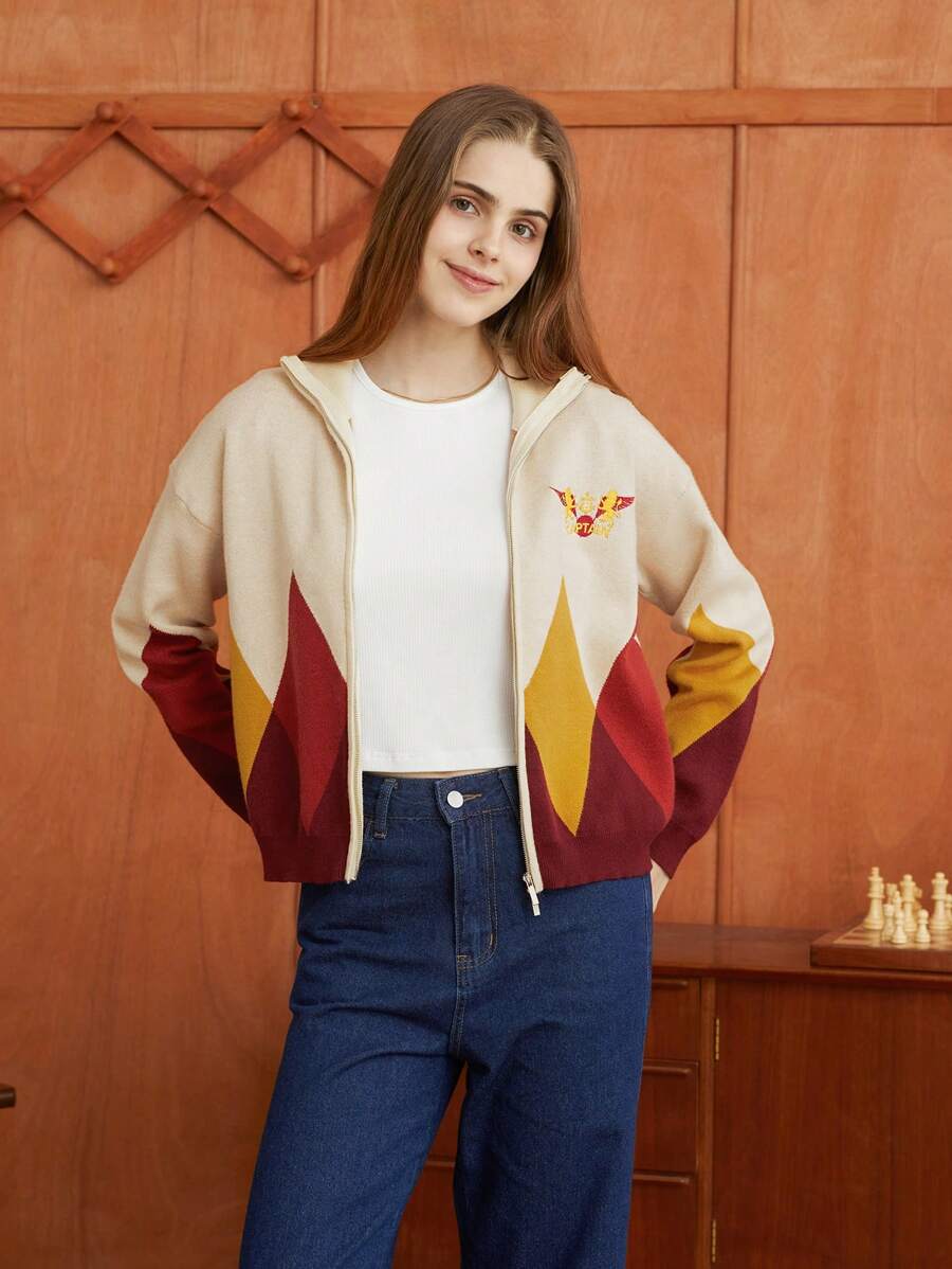 HARRY POTTER X SHEIN Embroidery Detail Colorblock Zip Up Cardigan ...