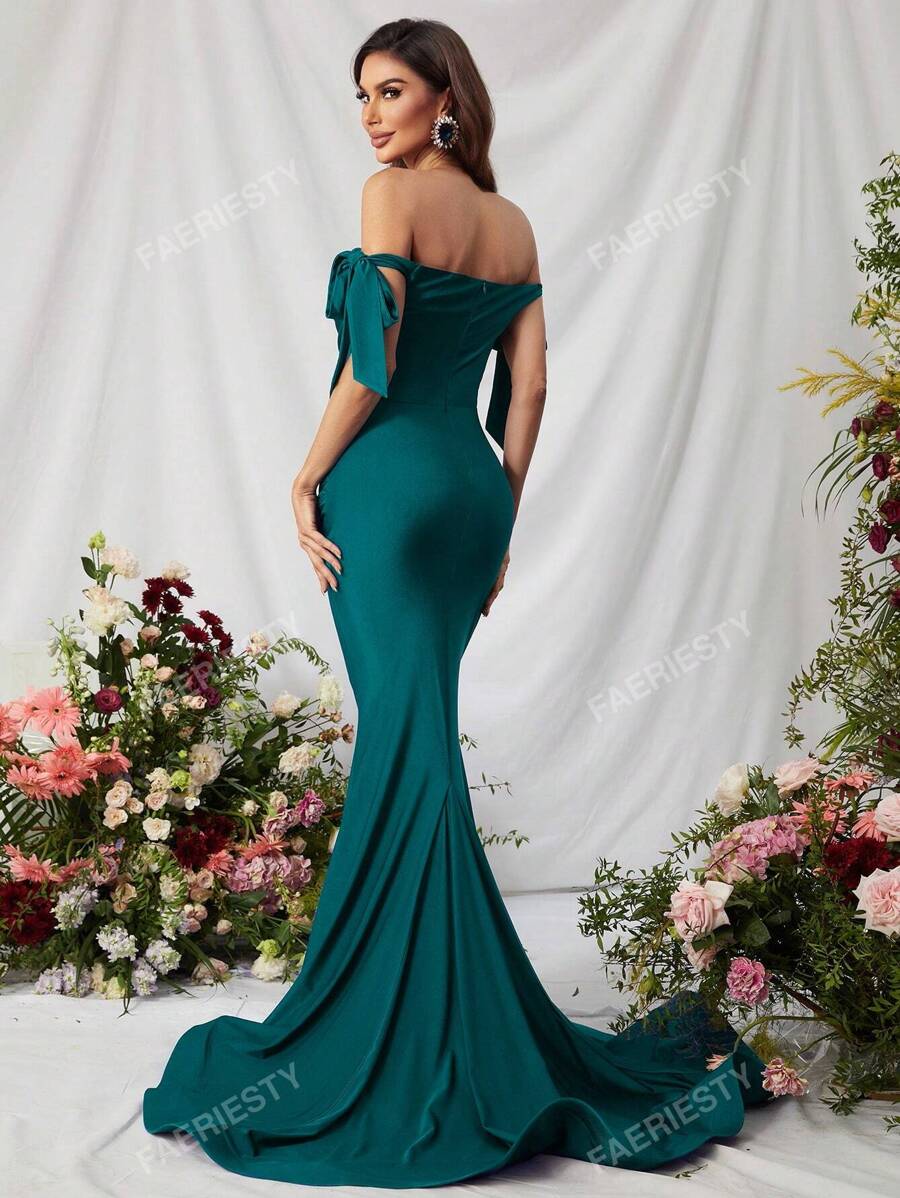 Off Shoulder Knot Side Ruched Satin Formal Dress, Elegant Prom Evening Wedding Guest Gown, For ...
