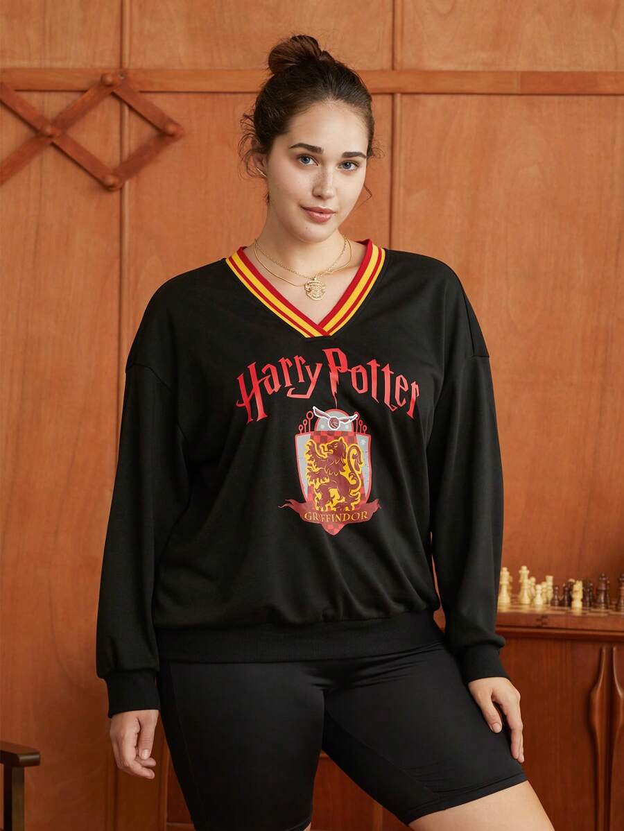HARRY POTTER X SHEIN Plus Letter Graphic Striped Trim Drop Shoulder ...