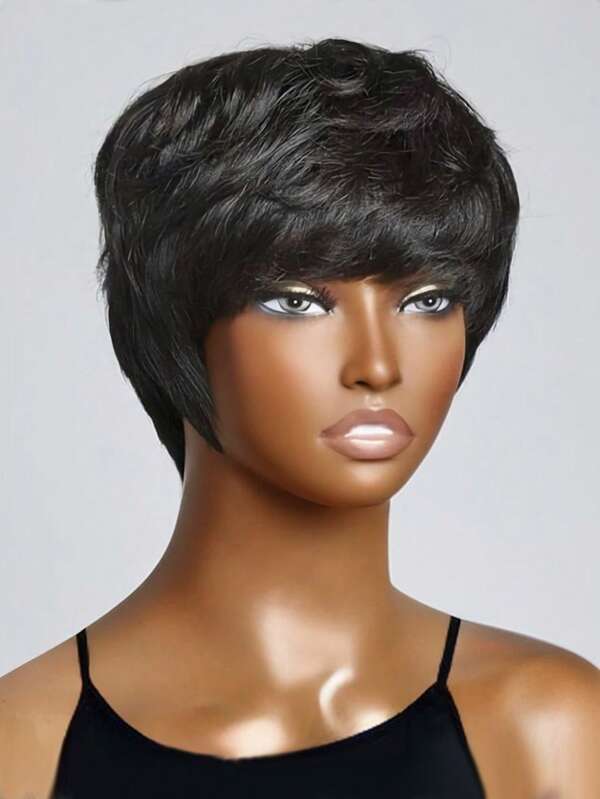 Perruque court droit coupe lutin humain Perruques de cheveux 1B naturel ...