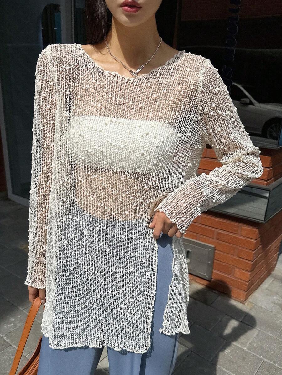 DAZY Solid Split Hem Mesh Top Without Tube Top Going Out Tops Sheer ...