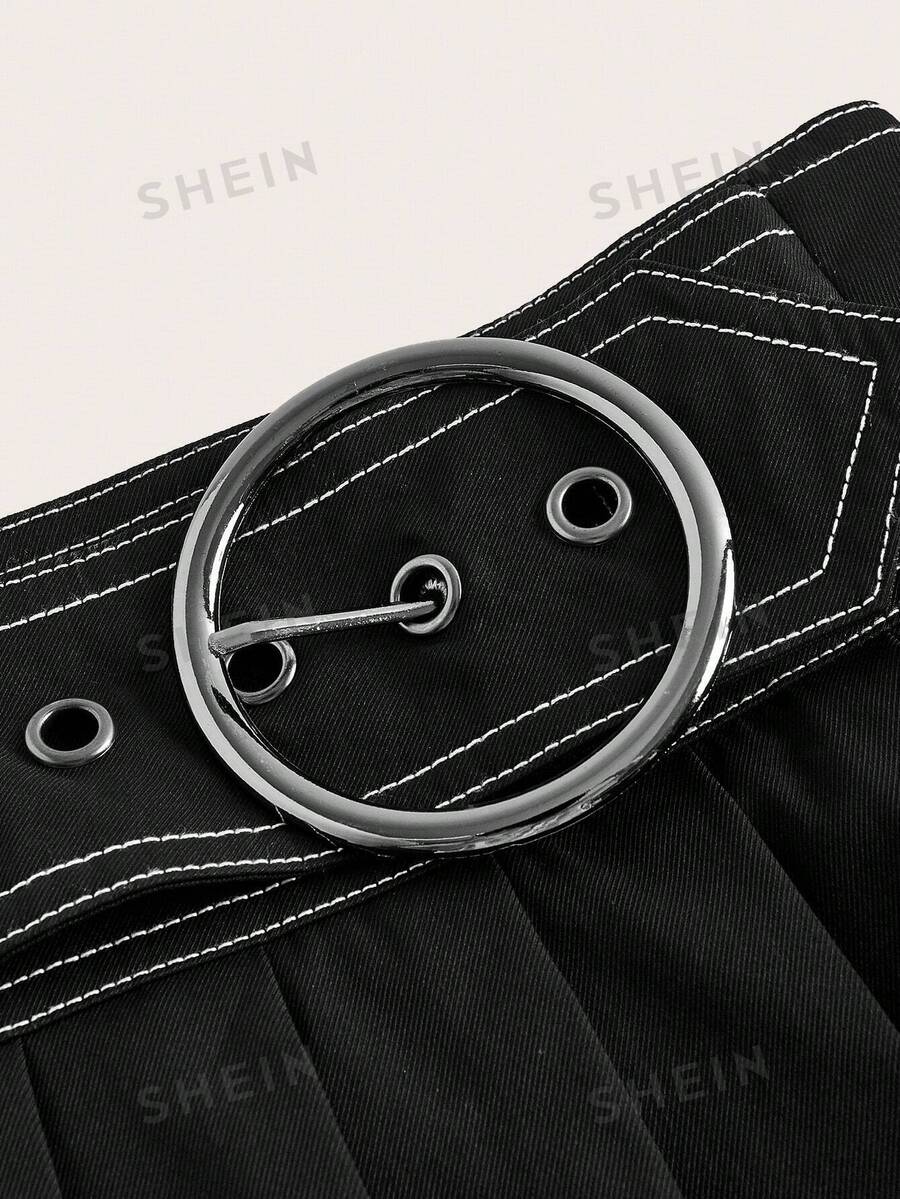 ROMWE PUNK Top-stitching Buckle Detail Pleated Skirt | SHEIN UK