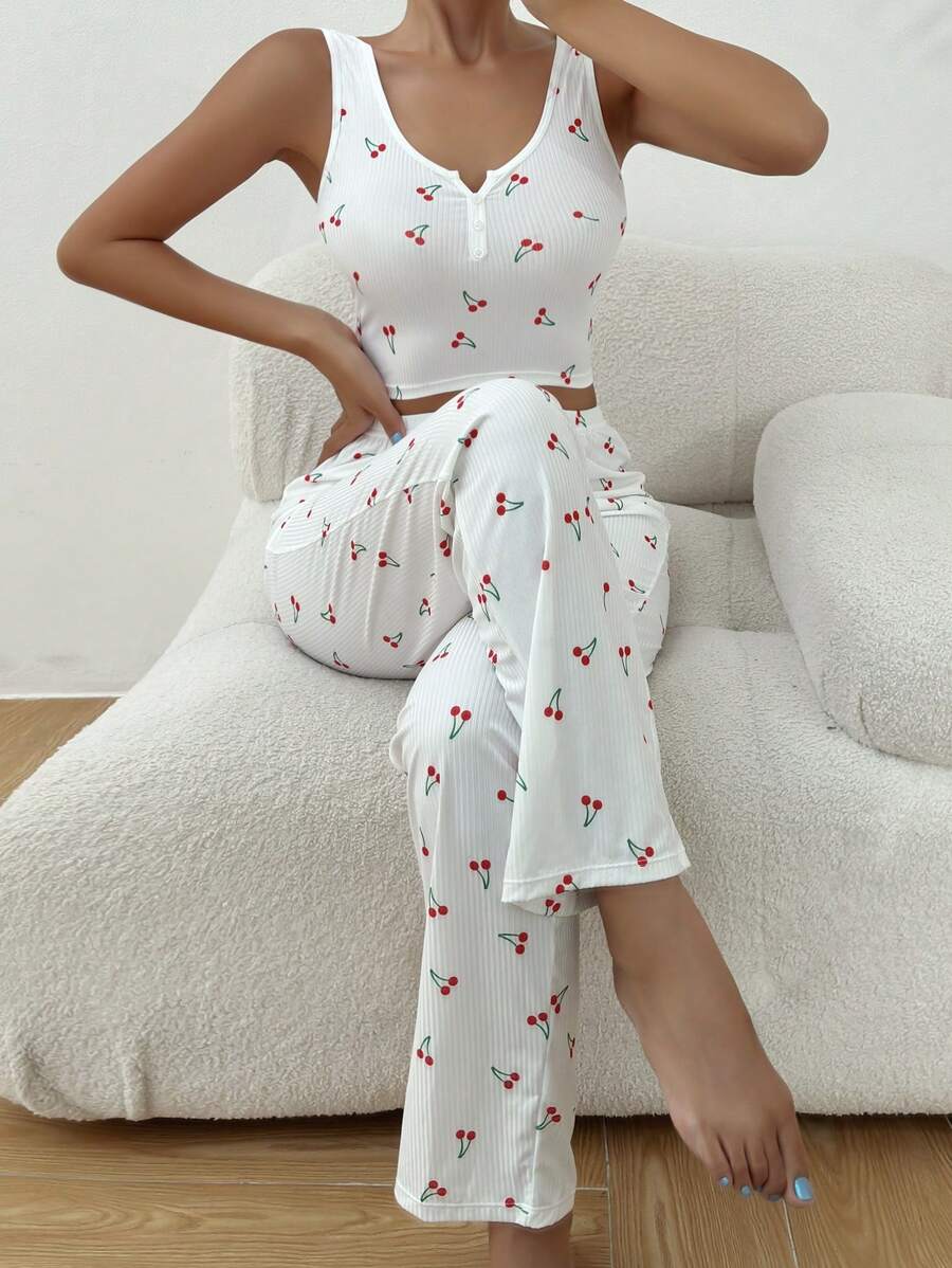 Cherry Print Button Front PJ Set | SHEIN USA