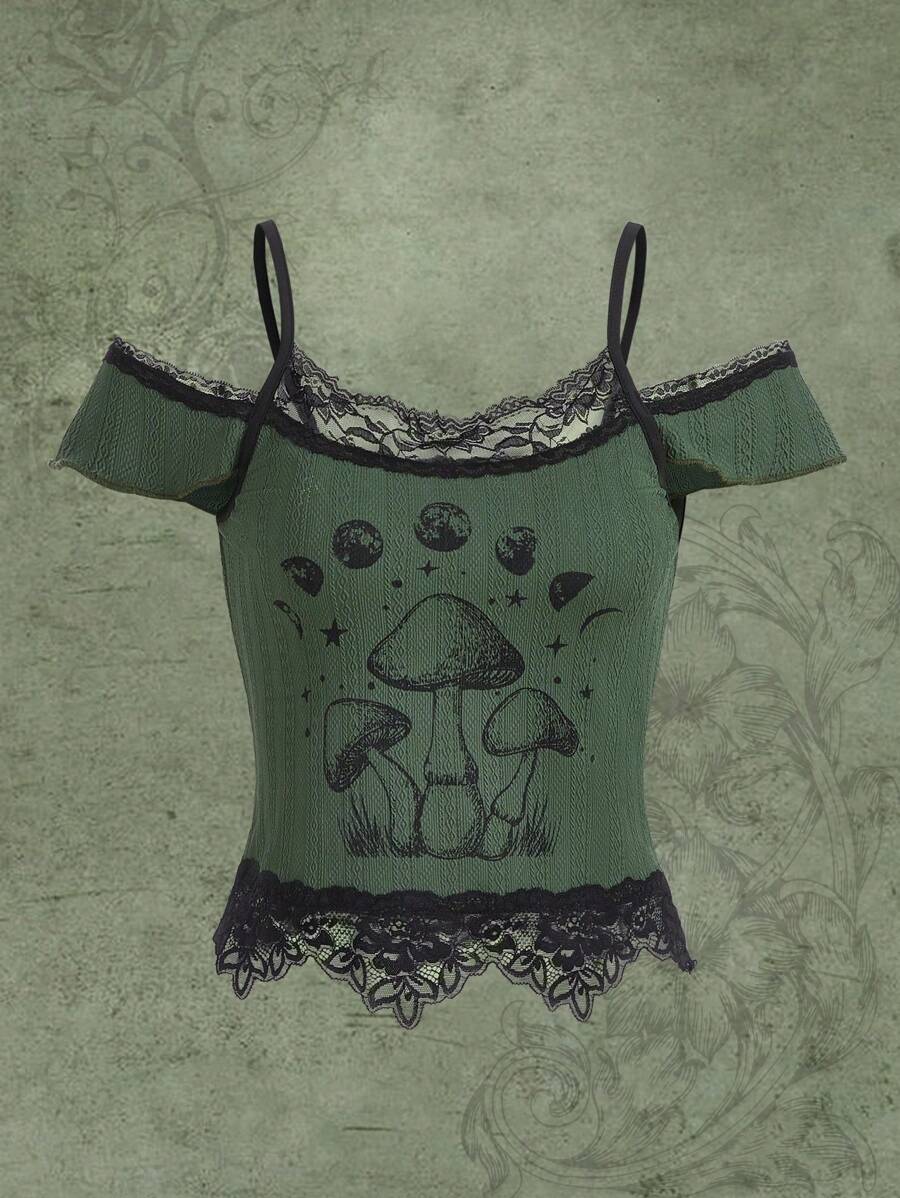 ROMWE Fairycore Mushroom Print Contrast Lace Cold Shoulder Tee | SHEIN USA