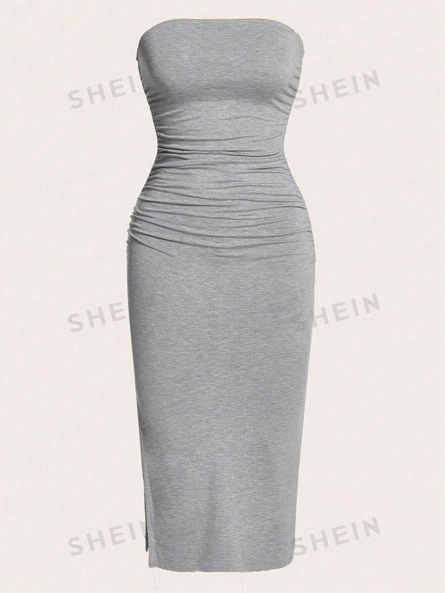 SHEIN x Marika Sila SHEIN EZwear Solid Ruched Split Thigh Tube Dress ...