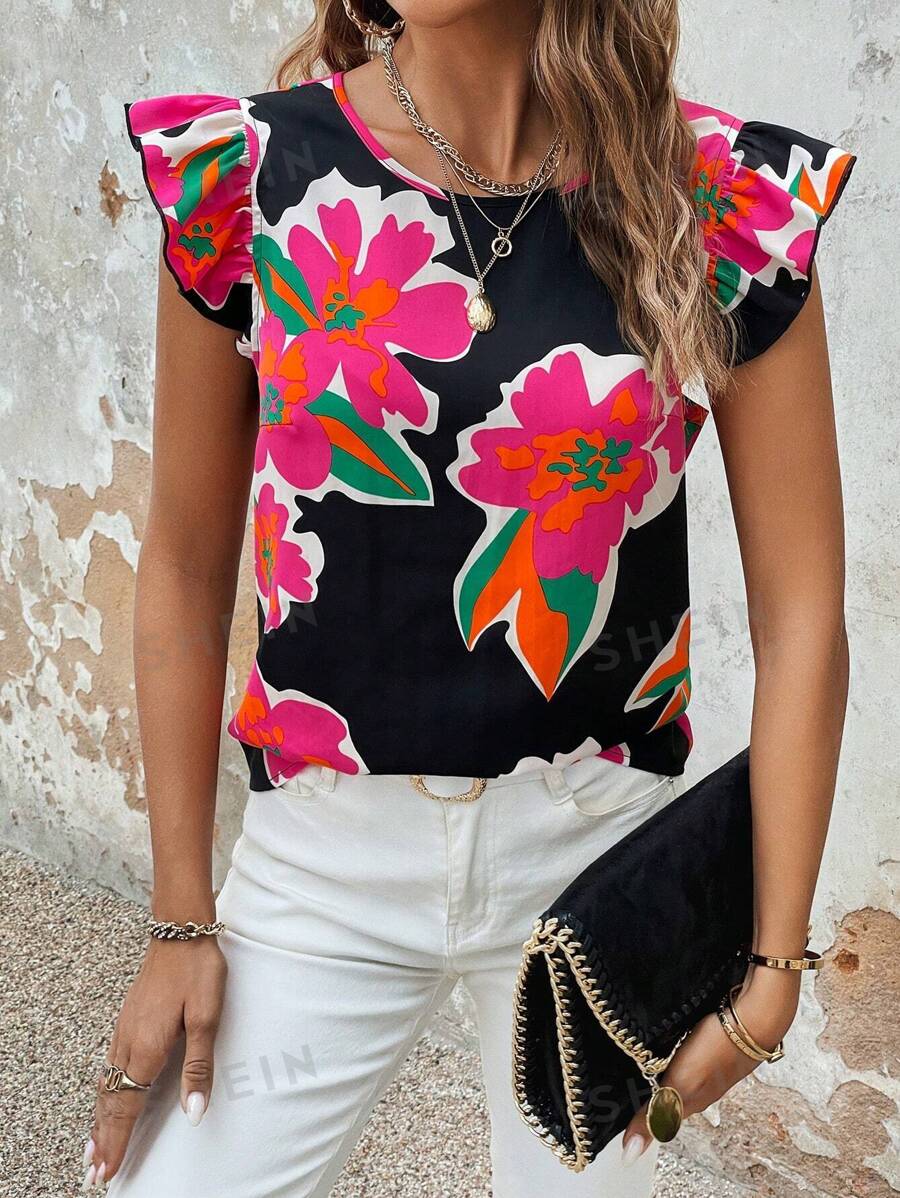 SHEIN Clasi Floral Print Ruffle Trim Blouse | SHEIN USA