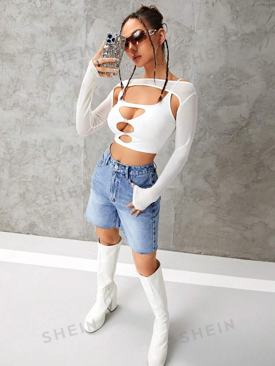 Shein Ezwear High Waist Raw Hem Denim Shorts Shein Usa
