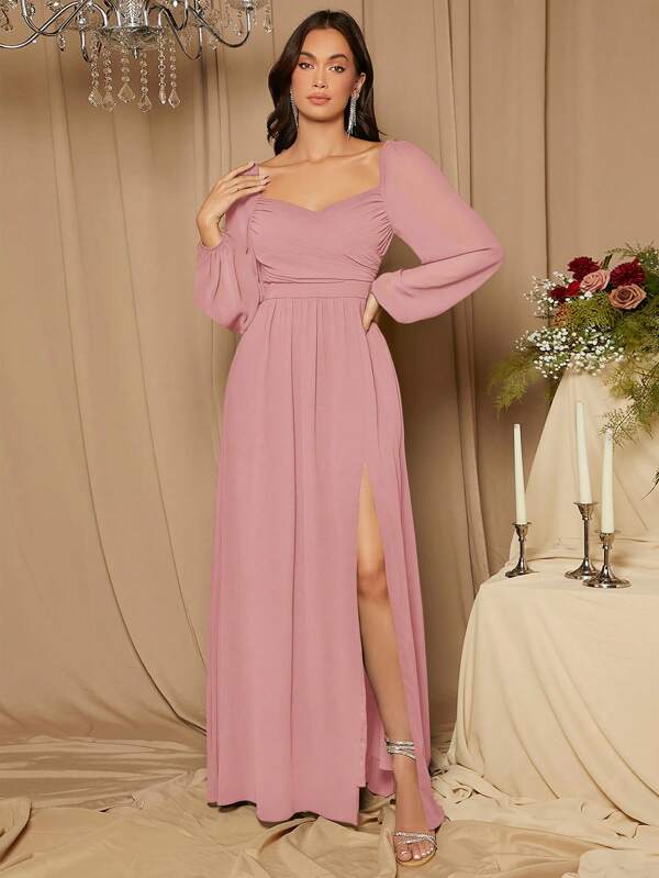 SHEIN Belle Sweetheart Neck Lantern Sleeve Split Thigh Bridesmaid Dress | SHEIN USA