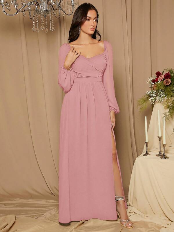 SHEIN Belle Sweetheart Neck Lantern Sleeve Split Thigh Bridesmaid Dress | SHEIN USA