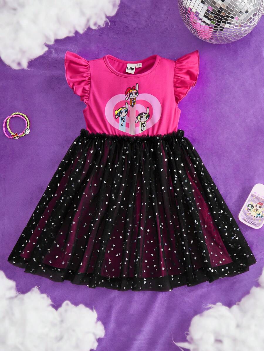 THE POWERPUFF GIRLS X SHEIN Young Girl Cartoon Graphic Ruffle Trim Mesh ...