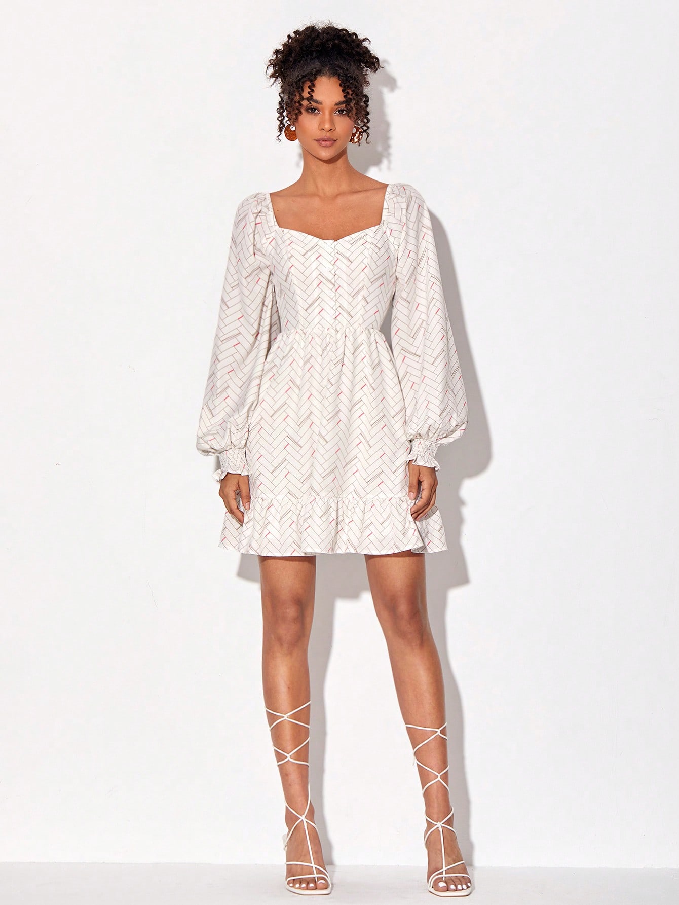 Marcia Mancuso Impressão Allover Gola Sweetheart Manga Da Lanterna Bainha Com Babado Vestido ...