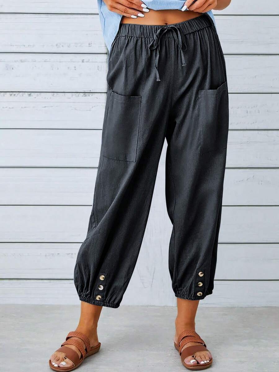 Tie Waist Button Hem Pants | SHEIN USA