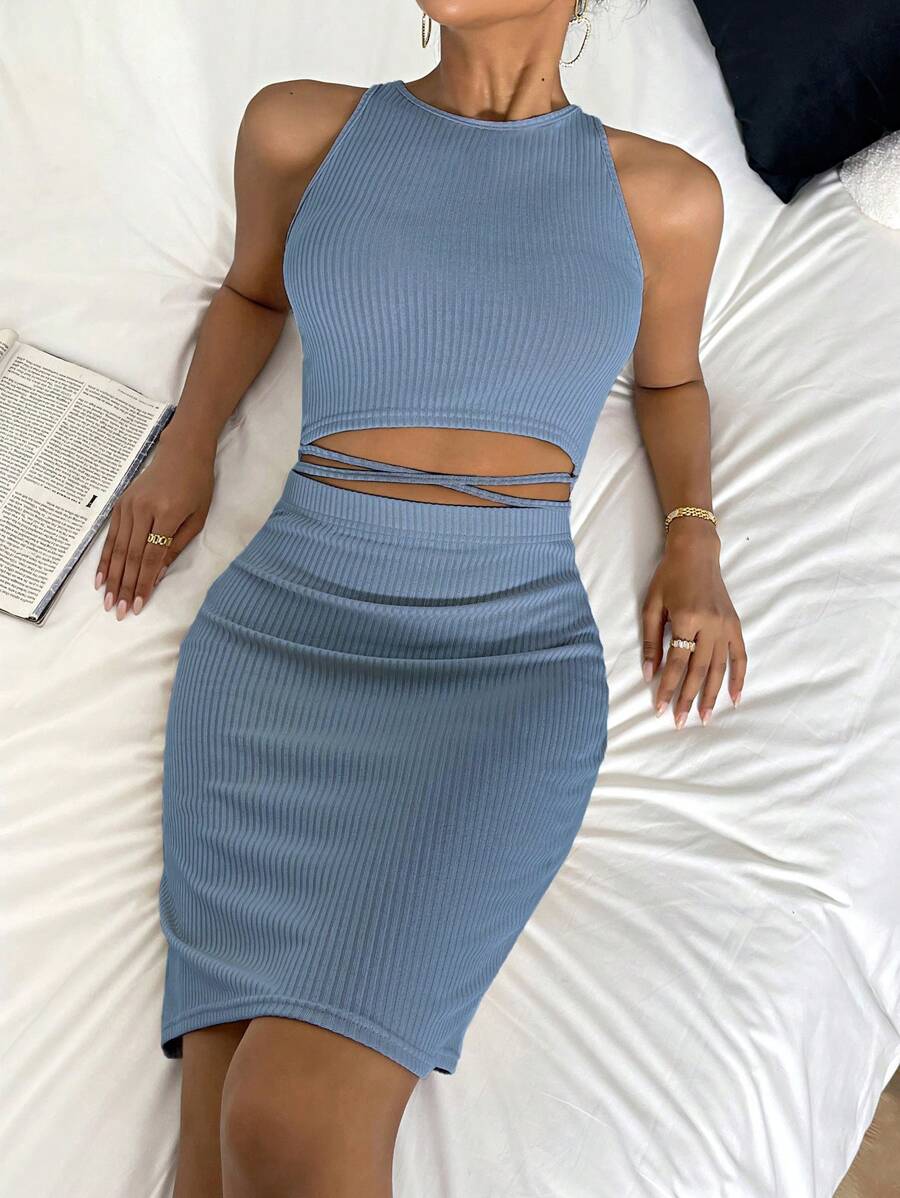 SHEIN Essnce Cut Out Waist Ribbed Knit Bodycon Dress | SHEIN USA