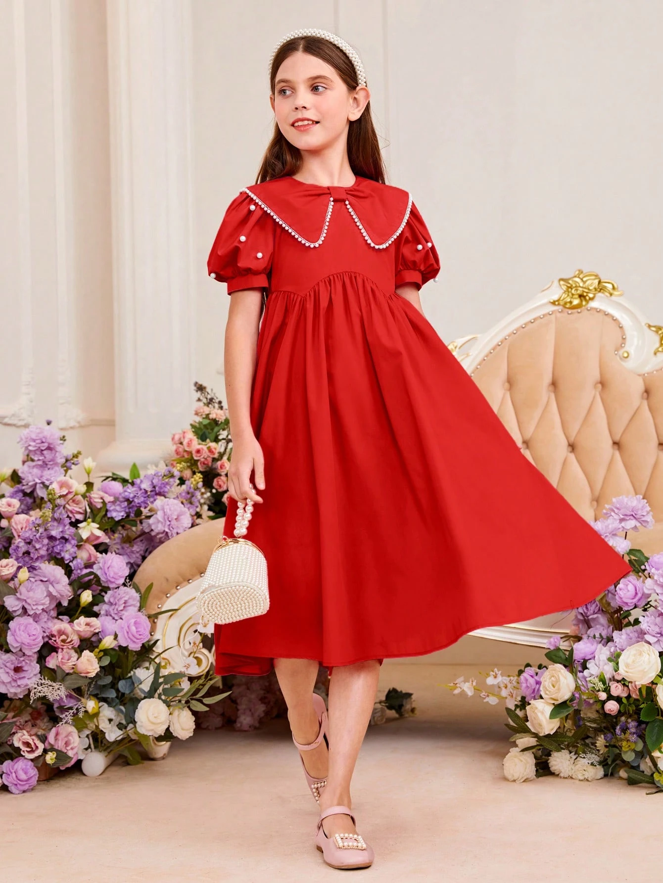 Shein Girls Pearls Beaded Detail Puff Sleeve Dress For Sale Australia