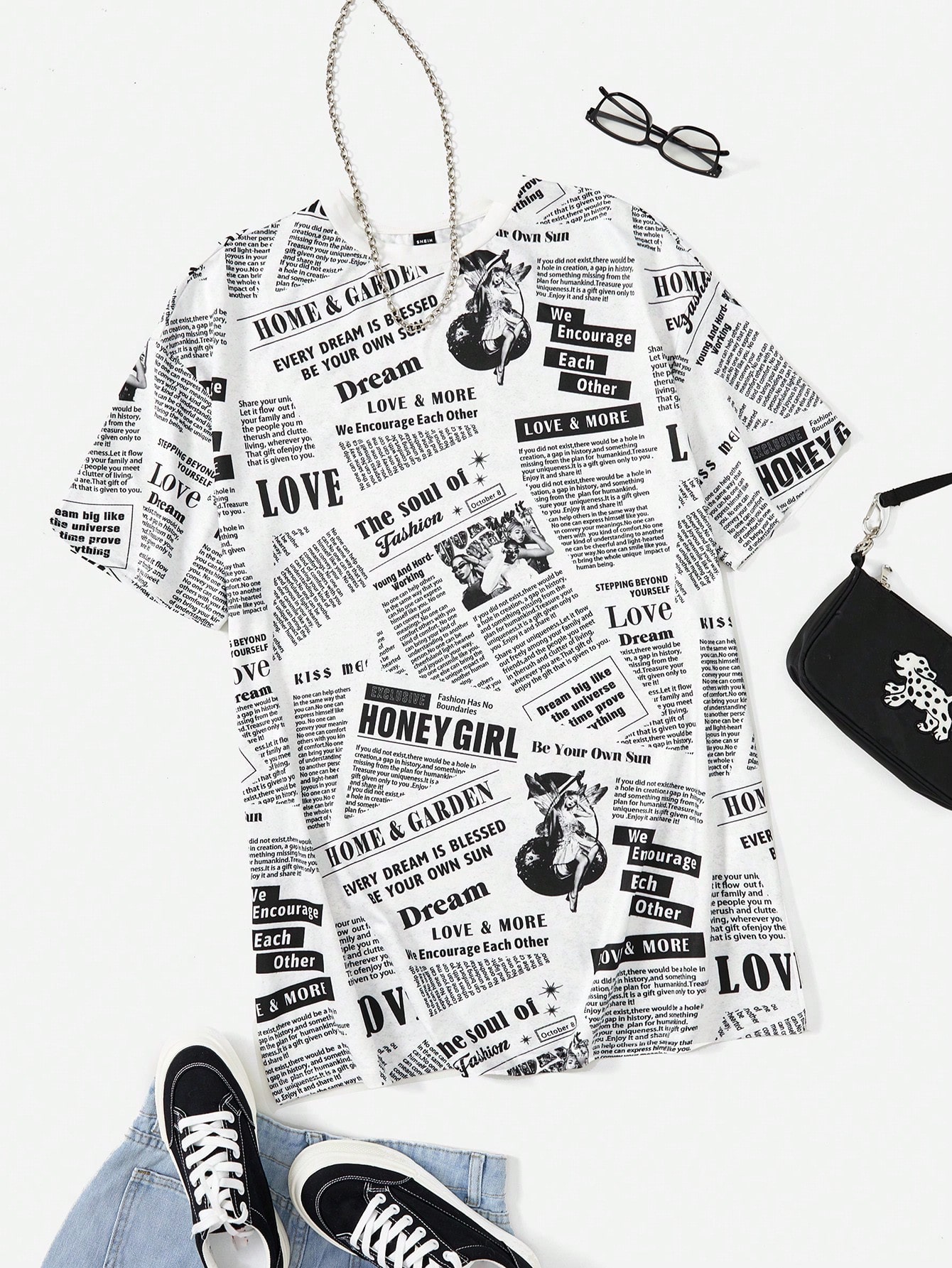 SHEIN EZwear Newspaper Print Drop Shoulder Tee Dress | SHEIN USA