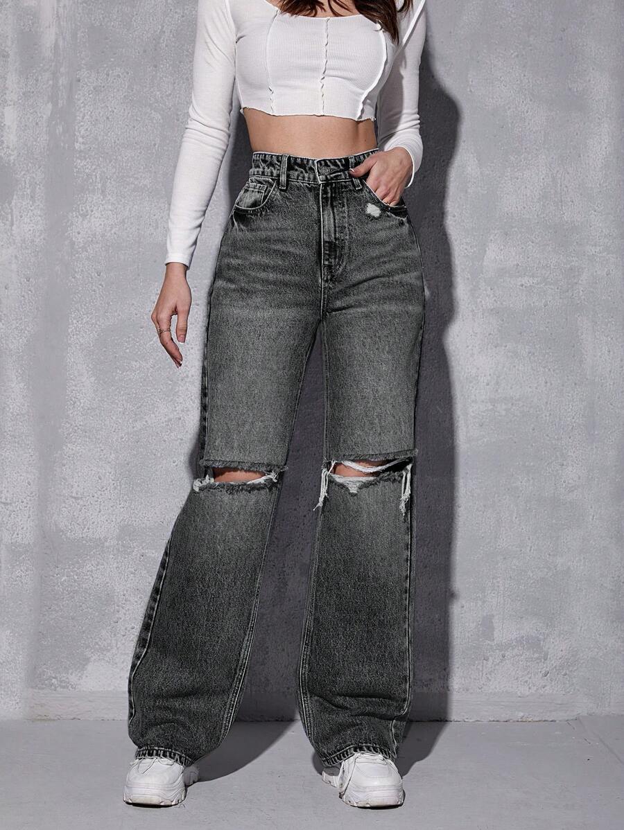 High Waist Ripped Wide Leg Jeans | SHEIN USA
