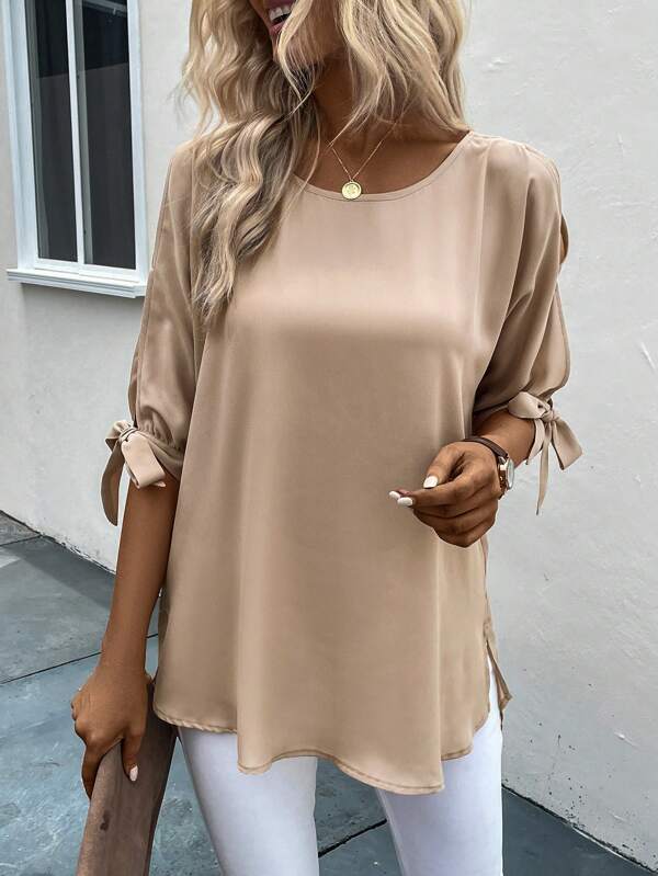 Solid Knot Cuff Split Sleeve Blouse Shein Usa