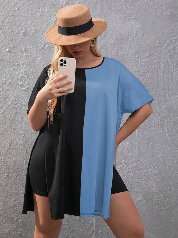 SHEIN Unity Plus Two Tone Split Hem Tee & Biker Shorts | SHEIN USA