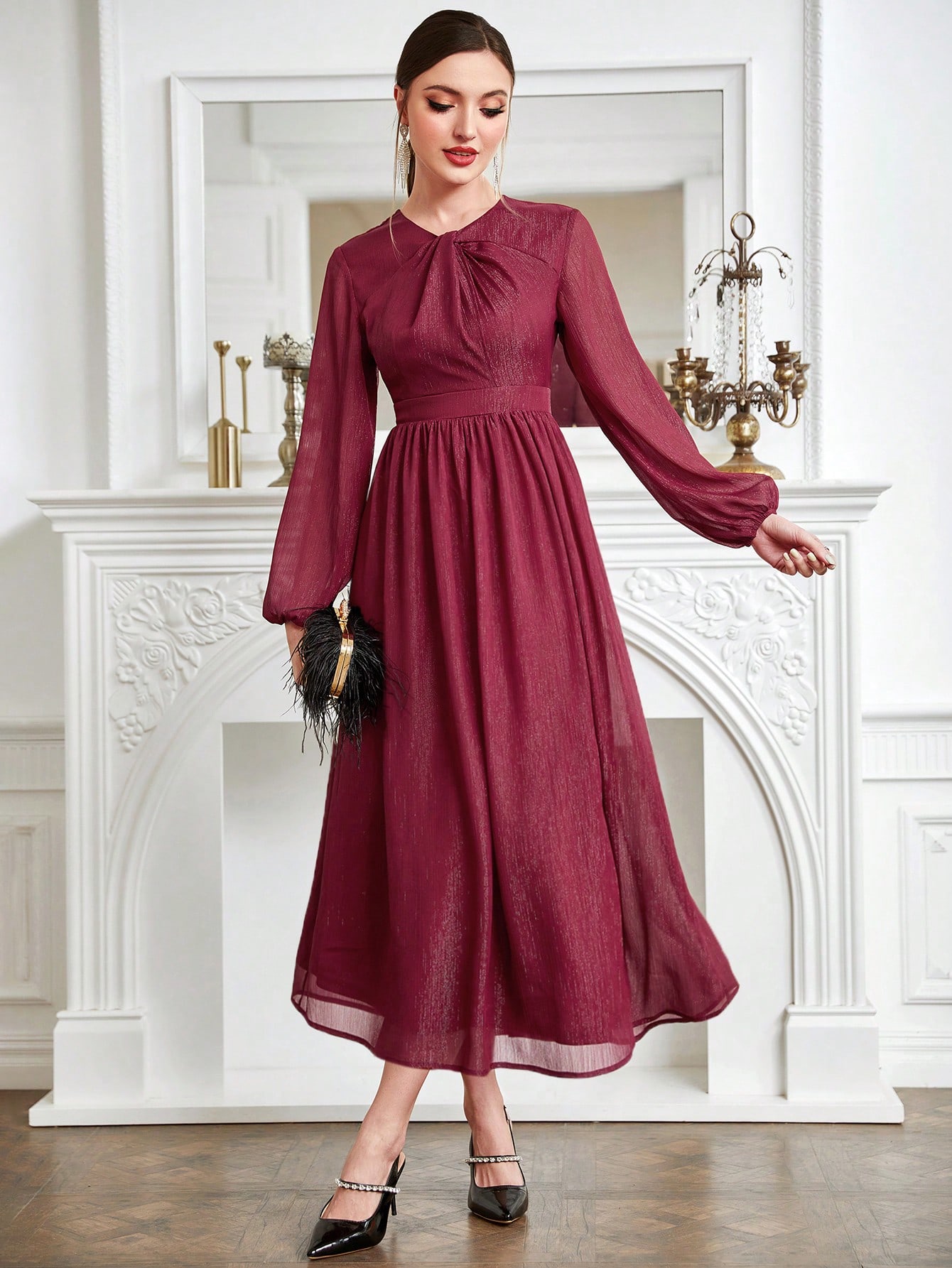 SHEIN Modely Manga Da Lanterna Frente Pregueada Vestido | SHEIN Brasil