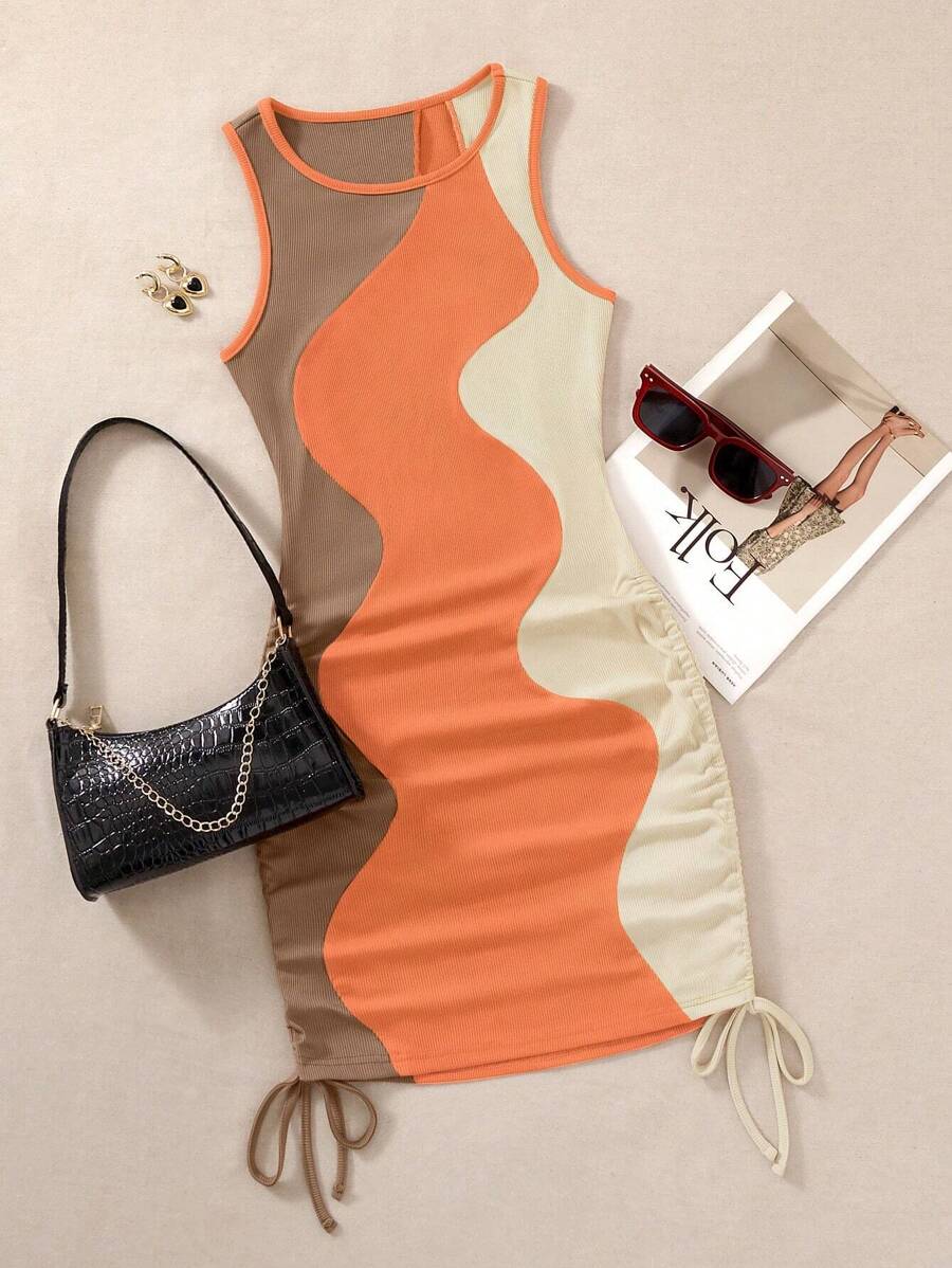 Drawstring Side Color Block Bodycon Tank Dress | SHEIN USA