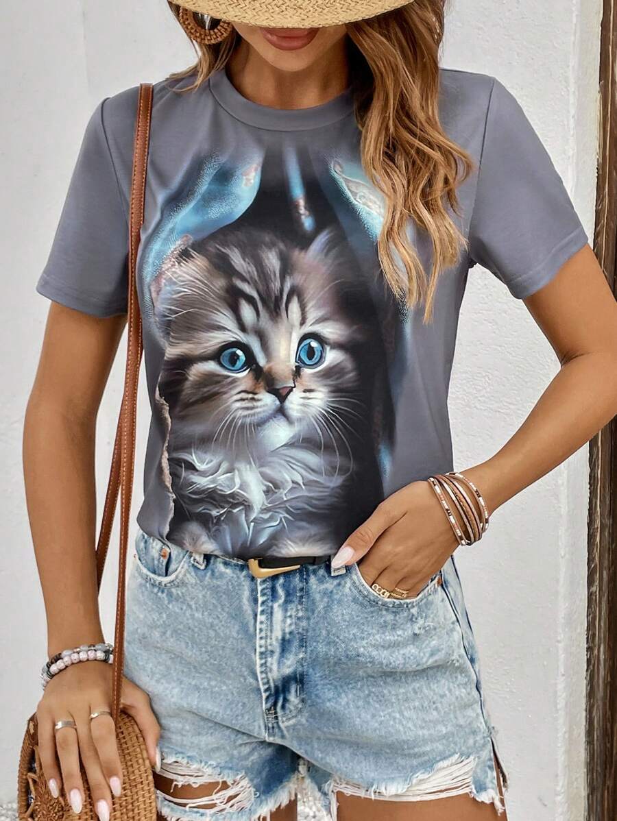 SHEIN LUNE Cat Print Tee | SHEIN USA