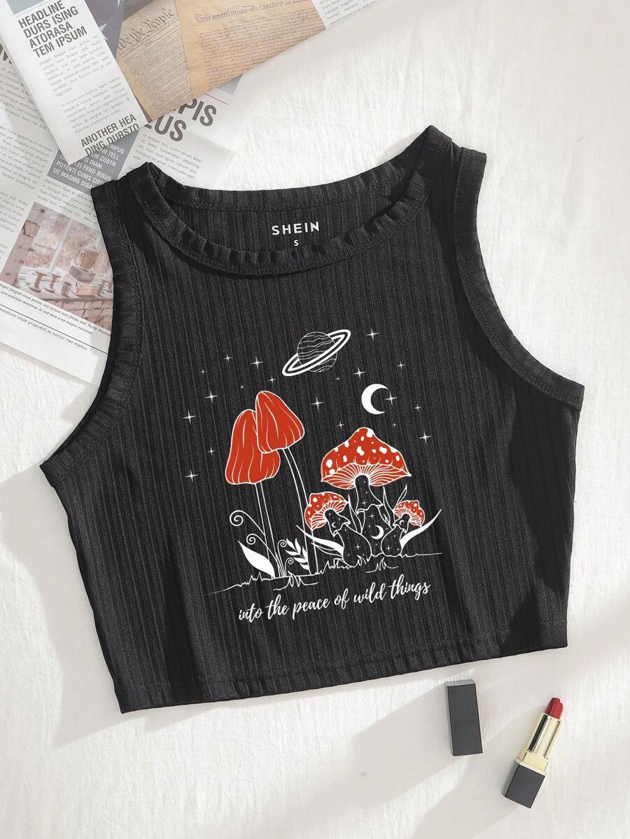 SHEIN EZwear Mushroom & Slogan Graphic Tank Top Into The Peace Of Wild ...