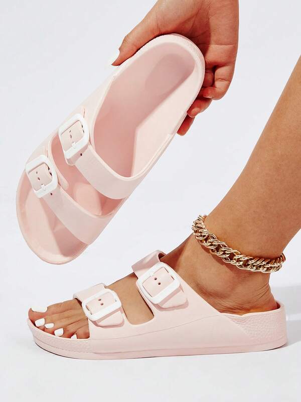 Women Double Buckle Decor Slides, Preppy Outdoor EVA Slides | SHEIN USA