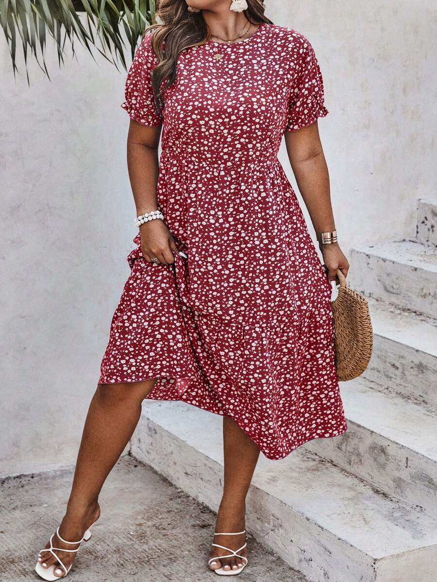 Breezaya Plus Ditsy Floral Print Ruffle Hem Dress | SHEIN USA