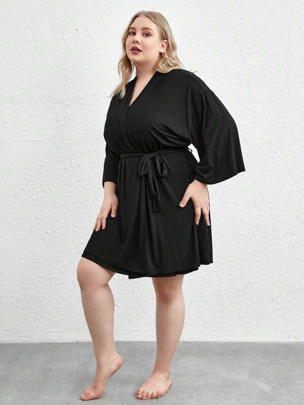 SHEIN Leisure Plus Solid Belted Robe | SHEIN USA