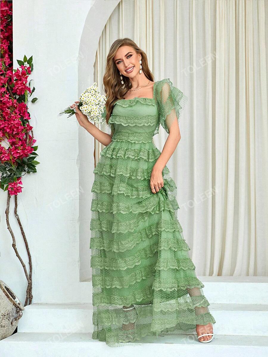 Ruffle Trim Mesh Overlay Ruffle Hem Dress | SHEIN USA