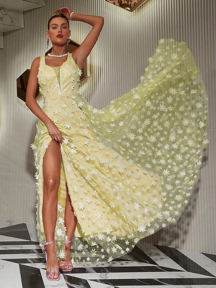 Solid Appliques Mesh Overlay Formal Dress | SHEIN USA