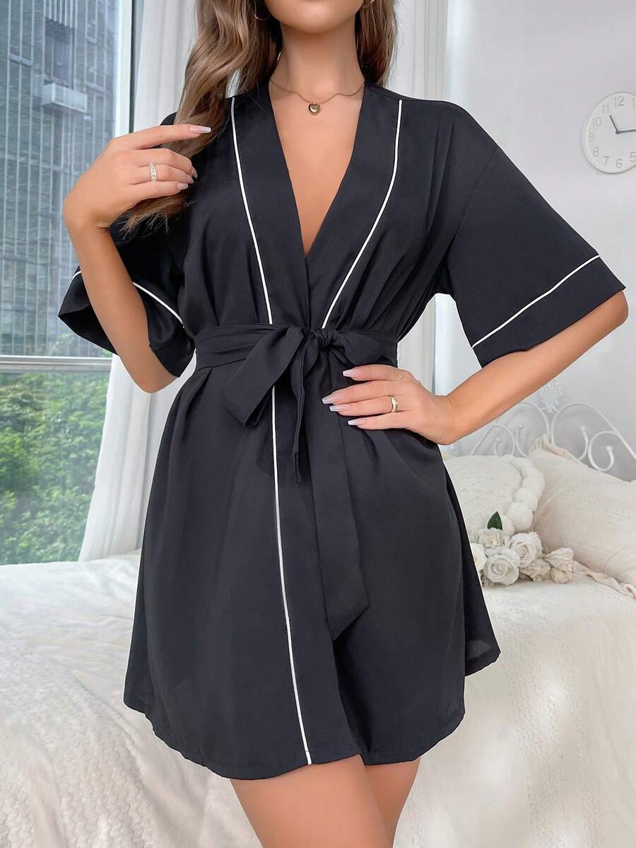 Contrast Piping Belted Satin Robe | SHEIN USA