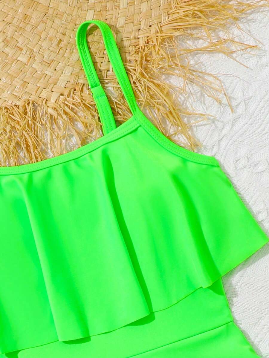 Tween Girl Ruffle Trim One Piece Swimsuit Shein Usa