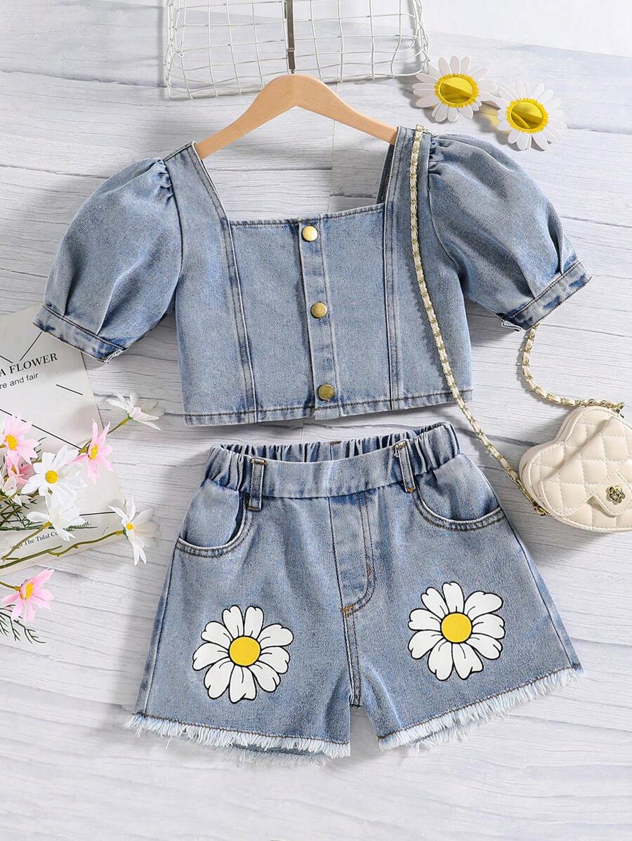 Tween Girl Floral Print Puff Sleeve Denim Top & Raw Cut Denim Shorts ...