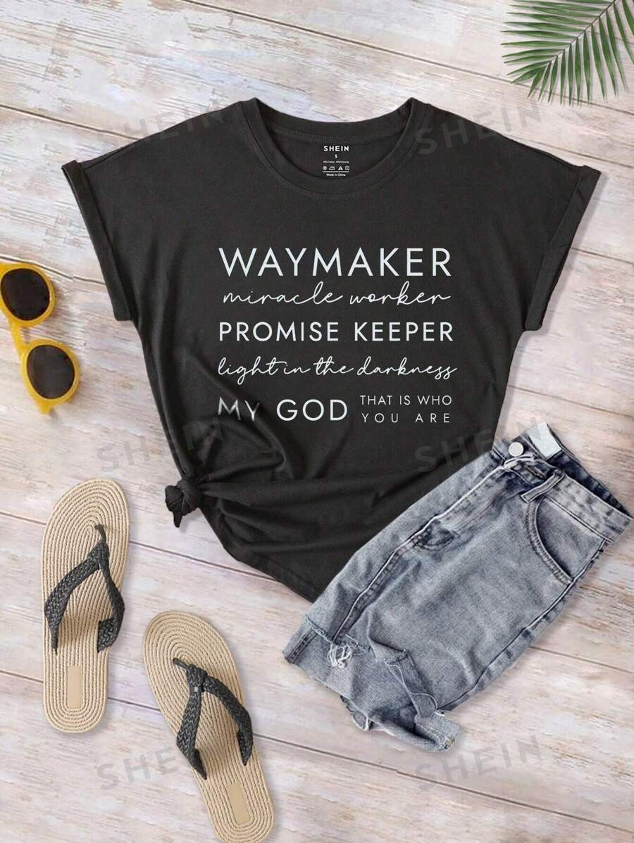 SHEIN LUNE Slogan Graphic Tee WAYMAKER Miracle Worker PROMISE KEEPER ...