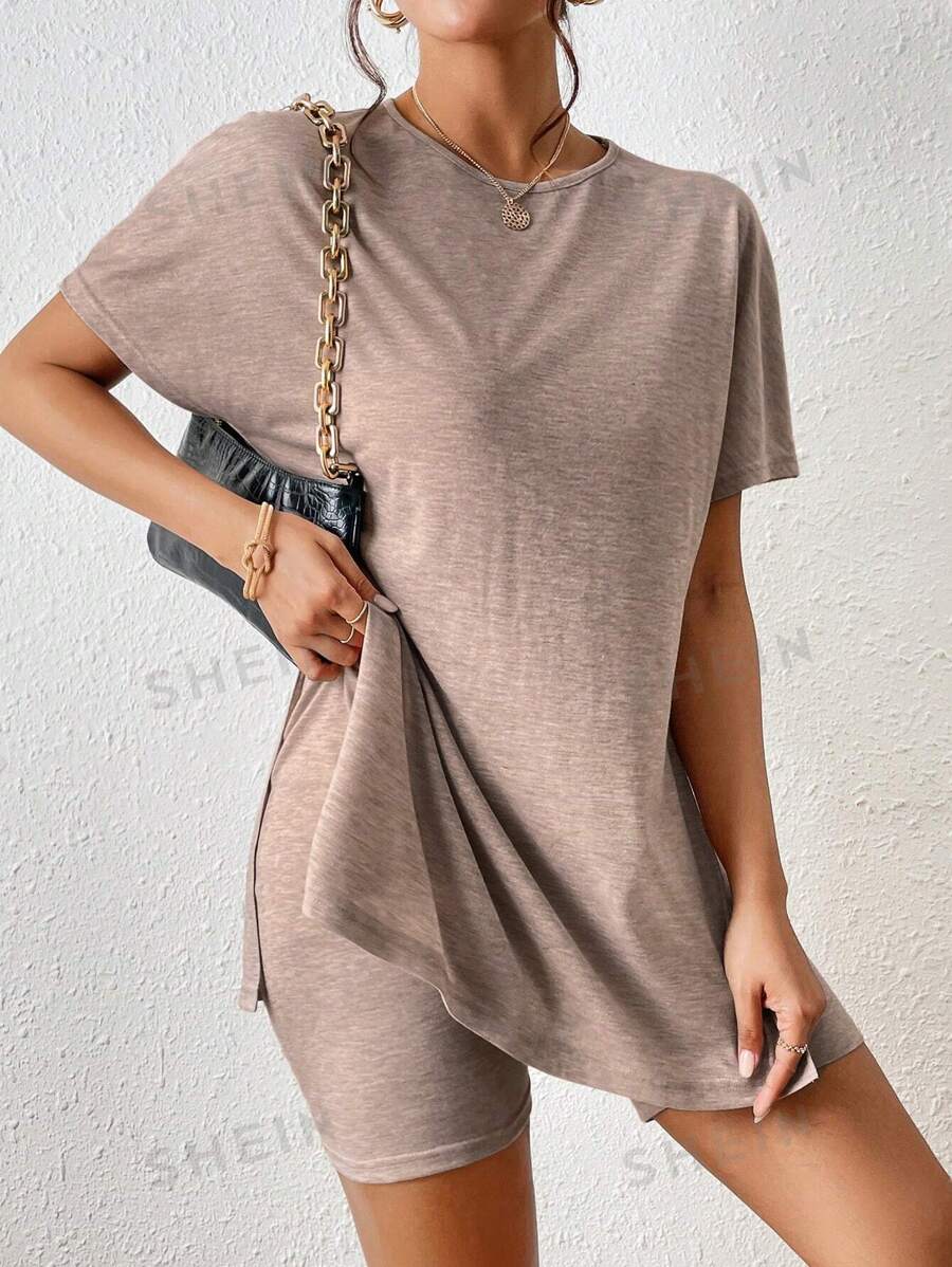 SHEIN Frenchy Batwing Sleeve Split Hem Tee & Biker Shorts Split Two ...