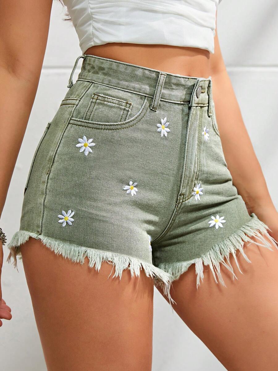 Floral Embroidery Ripped Raw Hem Denim Shorts | SHEIN USA