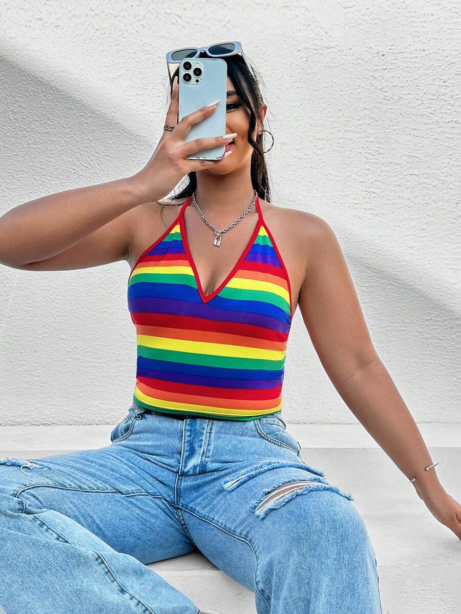 SHEIN Qutie Plus LGBT Rainbow Striped Halter Top | SHEIN USA