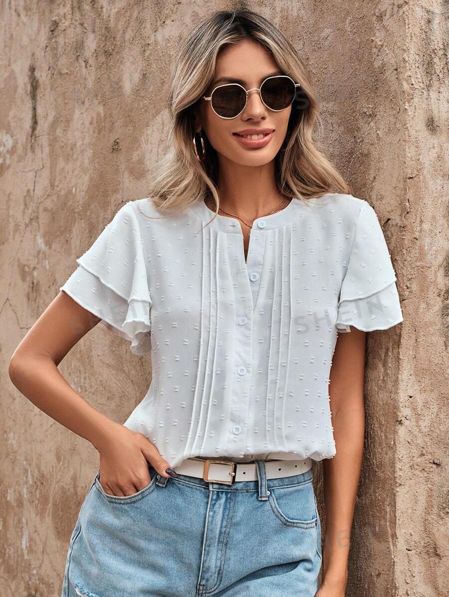 Shein Lune Swiss Dot Notched Neckline Butterfly Sleeve Blouse Shein Uk